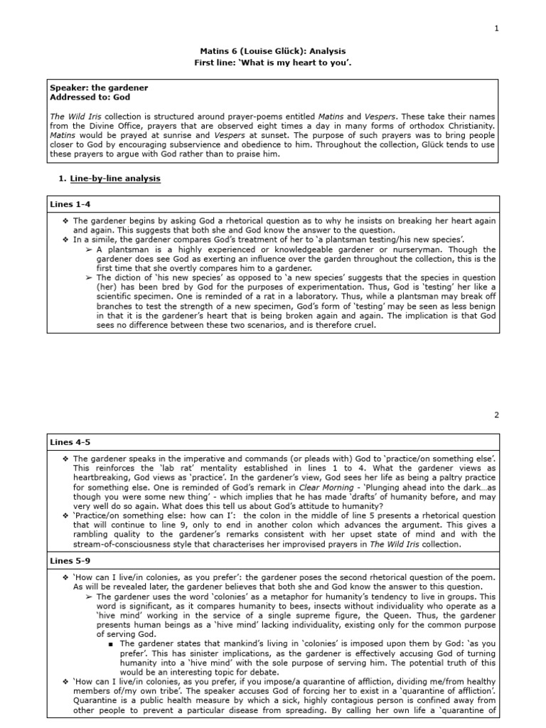 Matins 6 (Louise Glück) : Analysis First Line: What Is My Heart To You ...