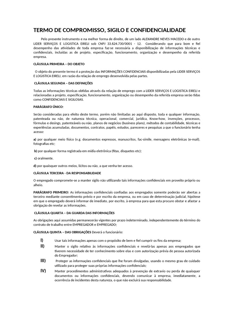 Termo de Confidencialidade e Sigilo | PDF