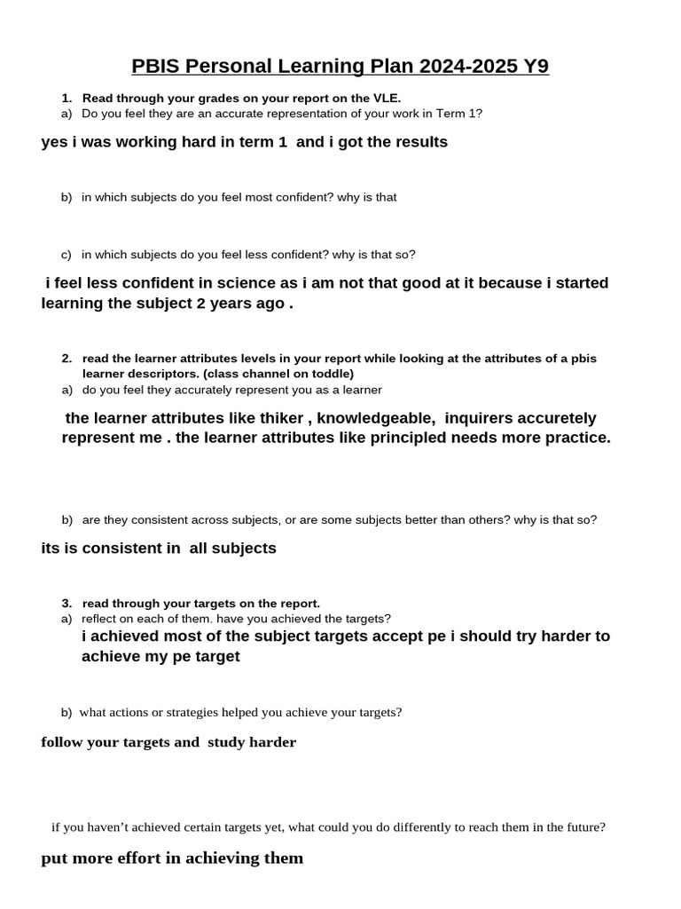 Personal Learning Plan Y9 2024-25 | PDF