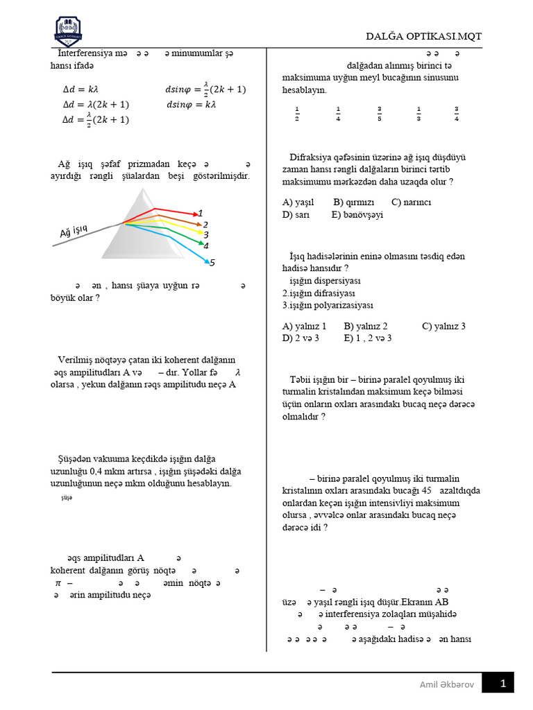 Dalğa Optikasi - MQT: Amil ƏKBƏ | PDF