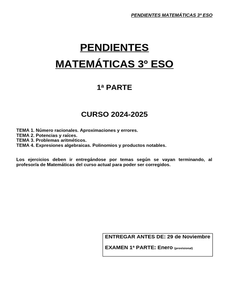 Ejerc Pend Mat 3º Eso Curso 24 - 25 1 Parte | PDF | Números | Número racional