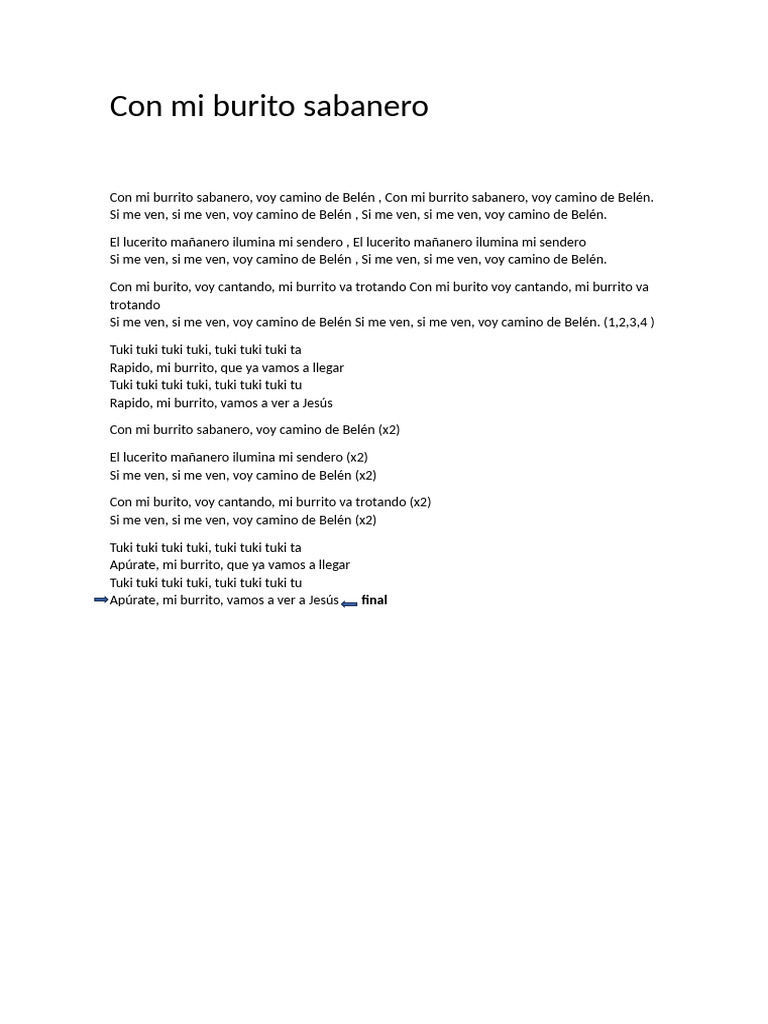 Letra de "Con mi burrito sabanero" | PDF