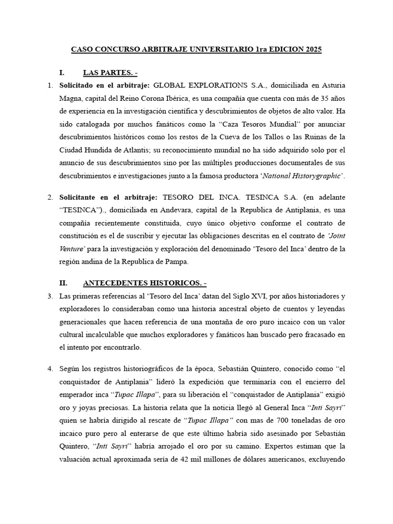 CASO CONCURSO ARBITRAJE UNIVERSITARIO 1ra EDICION 2025 | PDF | Arbitraje | Imperio Inca