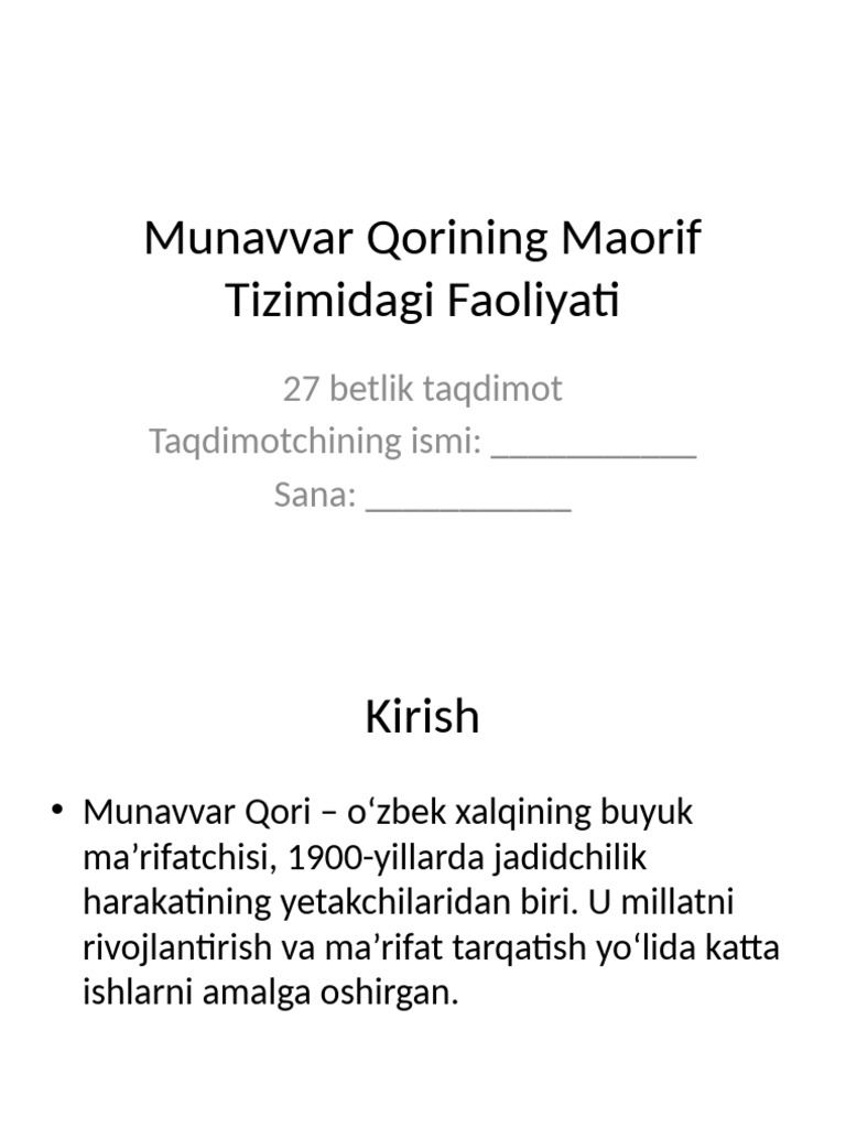 Munavvar Qori Taqdimot | PDF