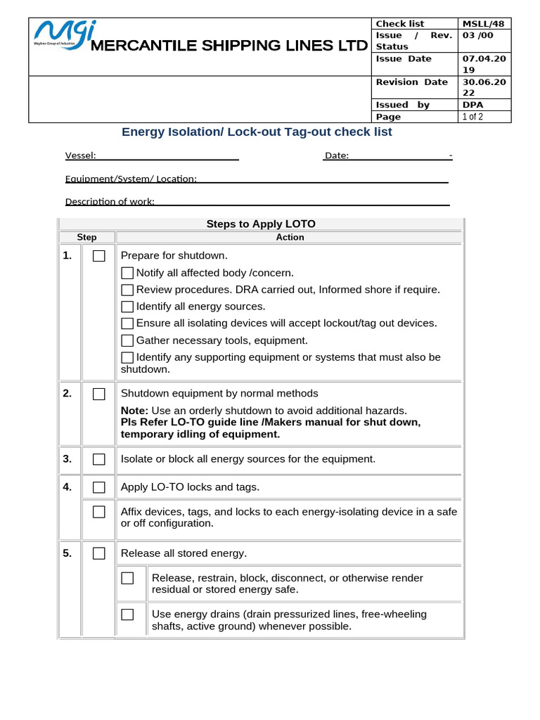 CHECKLIST 48 ENERGY ISOLATION , LOCK –OUT, TAG-OUT | PDF | Safety ...