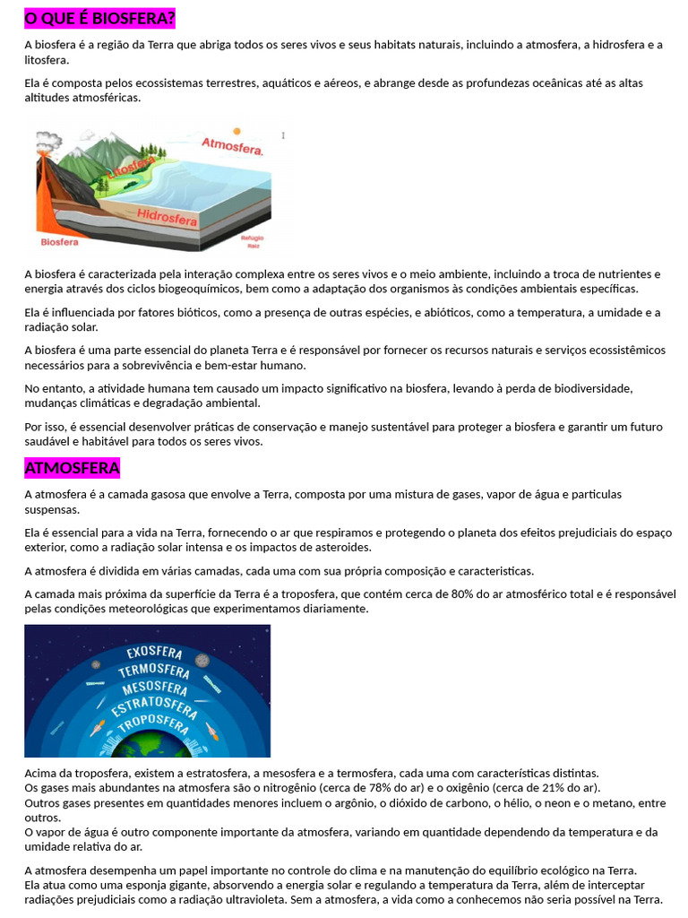 BIOSFERA, LITOSFERA, HIDROSFERA E ATMOSFERA (TEXTO) | PDF | Terra | Água