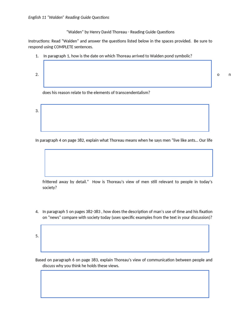 Walden Reading Guide Questions | PDF