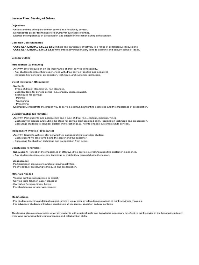 Serving of Drinks | PDF | Drink | Lesson Plan