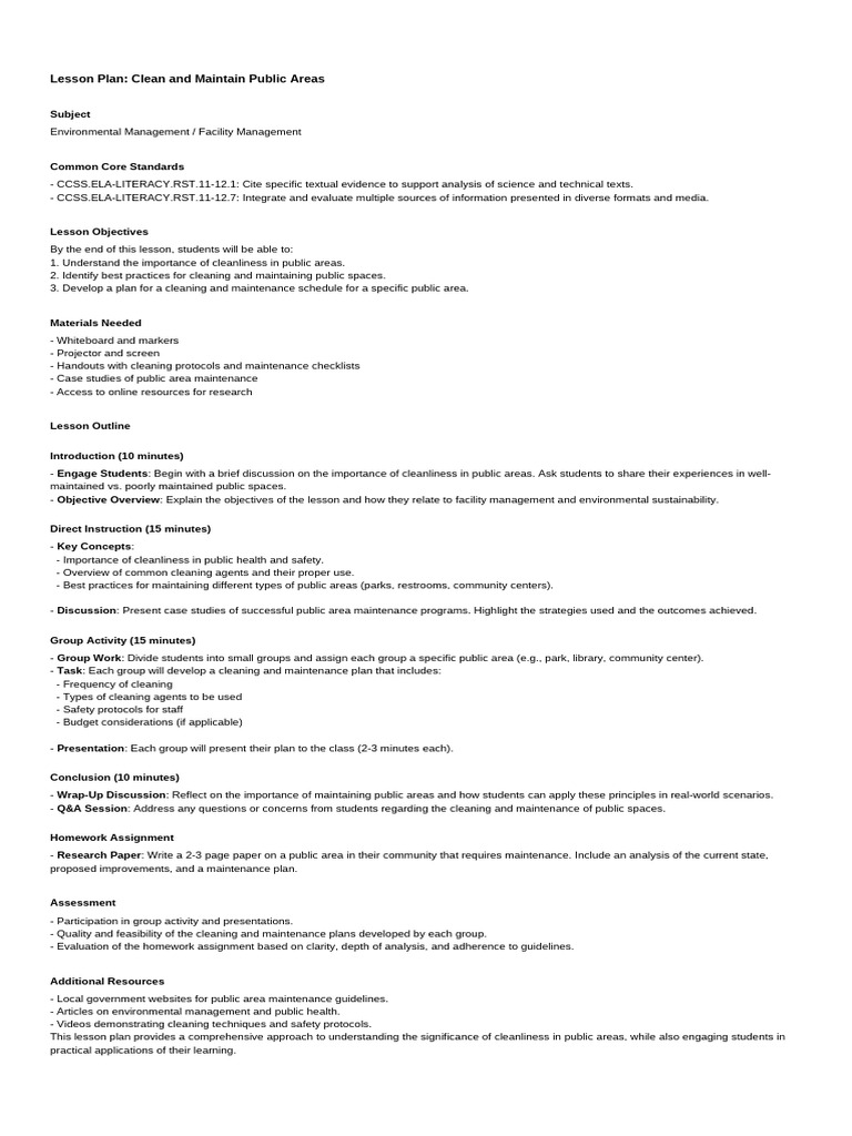 Public Area Cleaning Lesson Plan | PDF | Lesson Plan | Evaluation