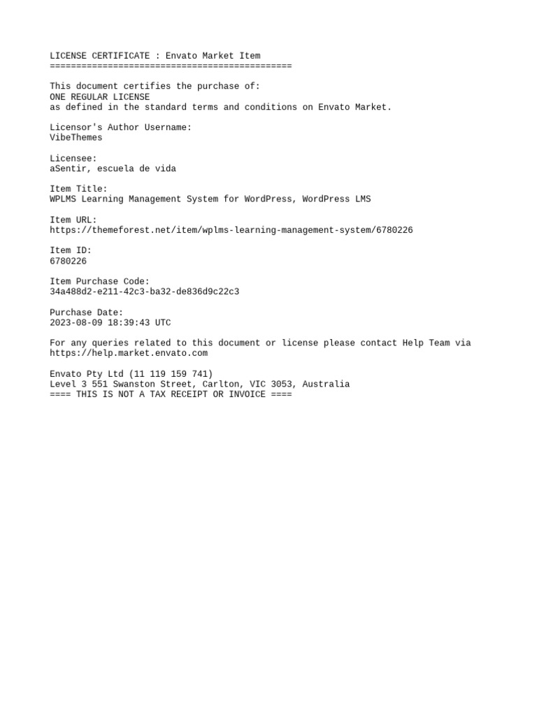 WPLMS WordPress LMS License Certificate | PDF