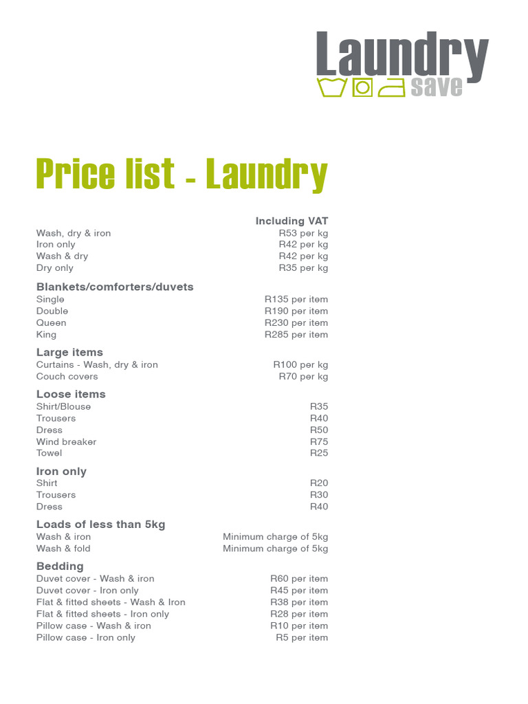 Laundry Services Price List 2025 | PDF