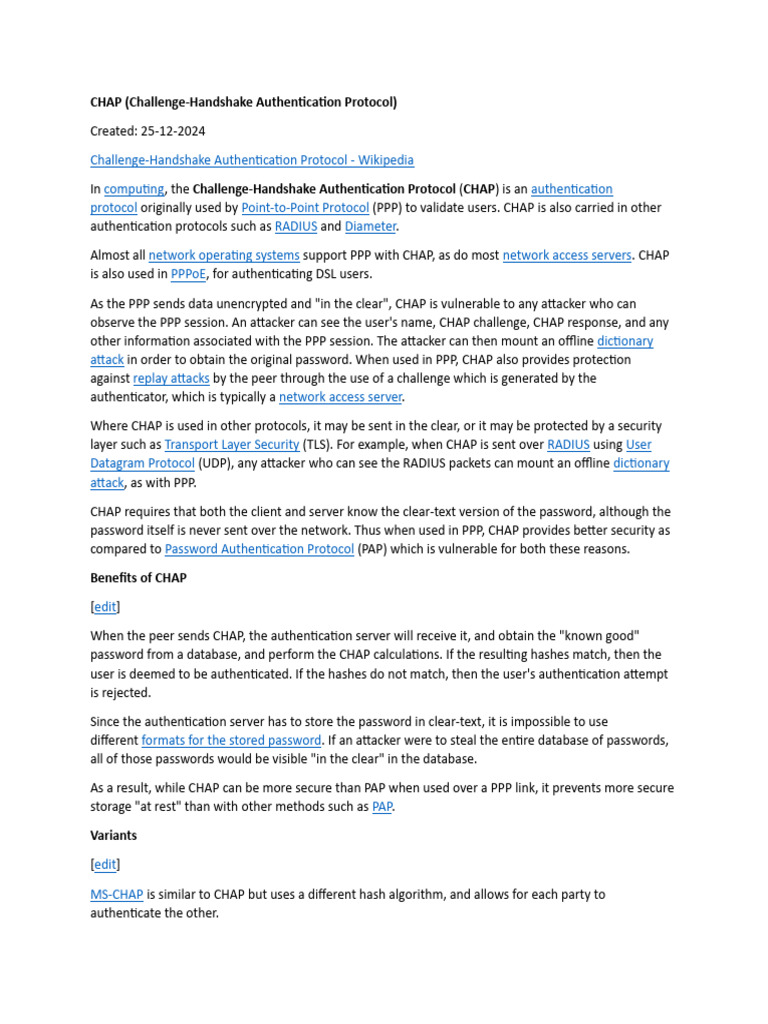 CHAP (Challenge-Handshake Authentication Protocol) | PDF | Radius | Internet Standards