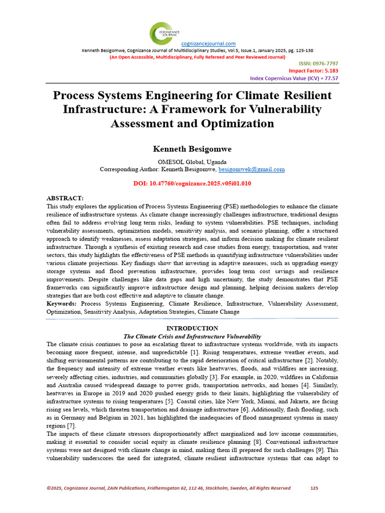 Process Systems Engineering For Climate Resilient Infrastructure A Framework For Vulnerability