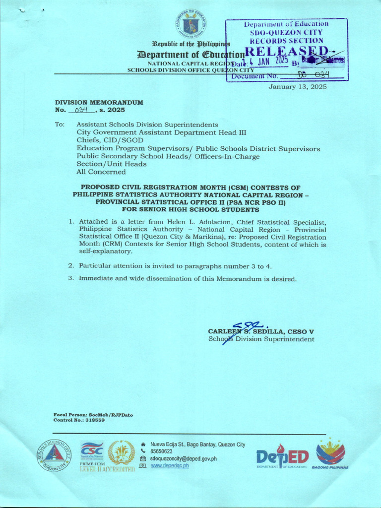DM NO. 034 S. 2025 - PROPOSED CIVIL REGISTRATION MONTH (CSM) CONTESTS ...