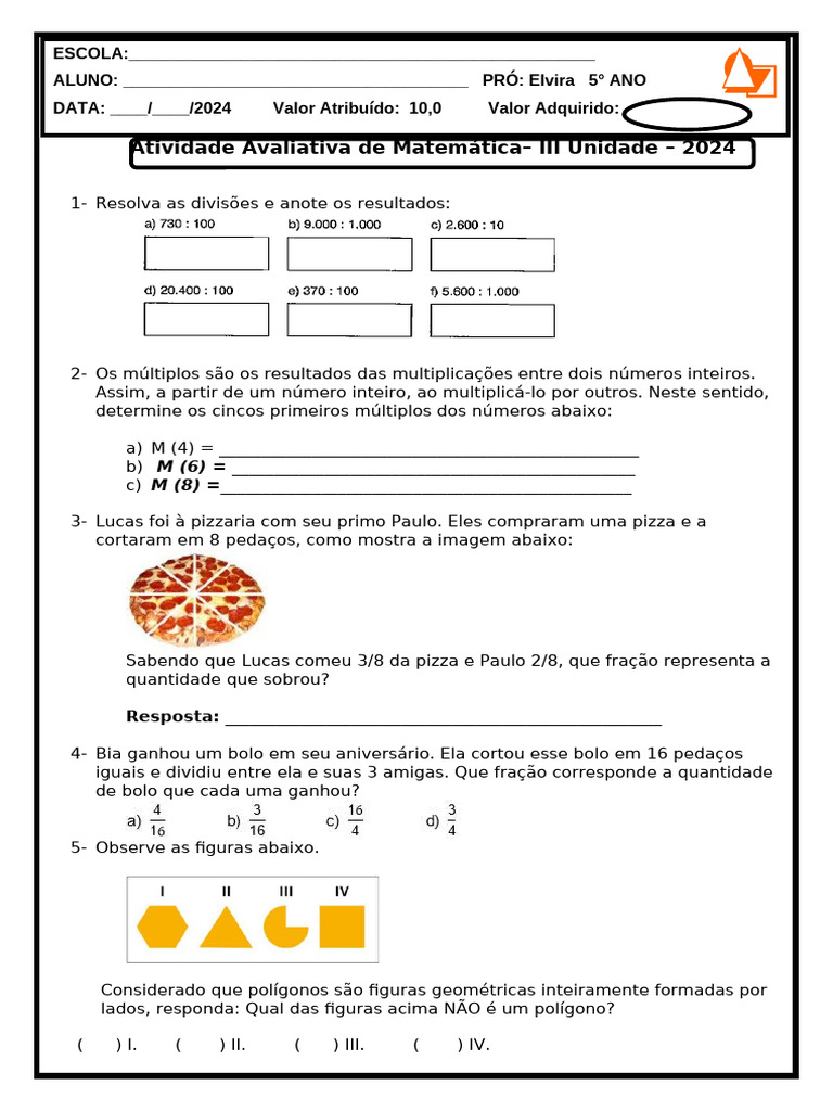 Atividade de Matemática 5º Ano | PDF