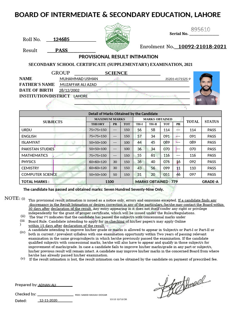 2021 Lahore Board Matric Result Summary | PDF