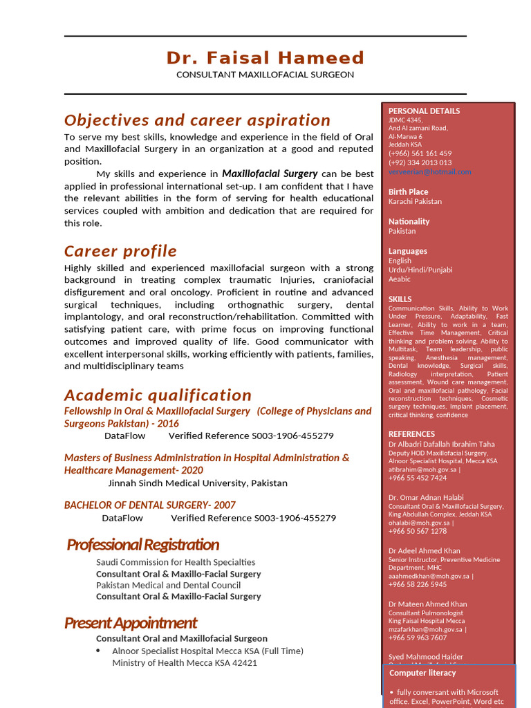 CV FAISAL HAMEED KSA With References | PDF | Oral And Maxillofacial Surgery | Surgery