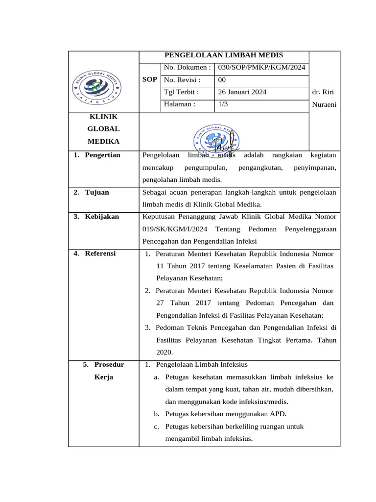 12. Sop Pengelolaan Limbah Medis | PDF
