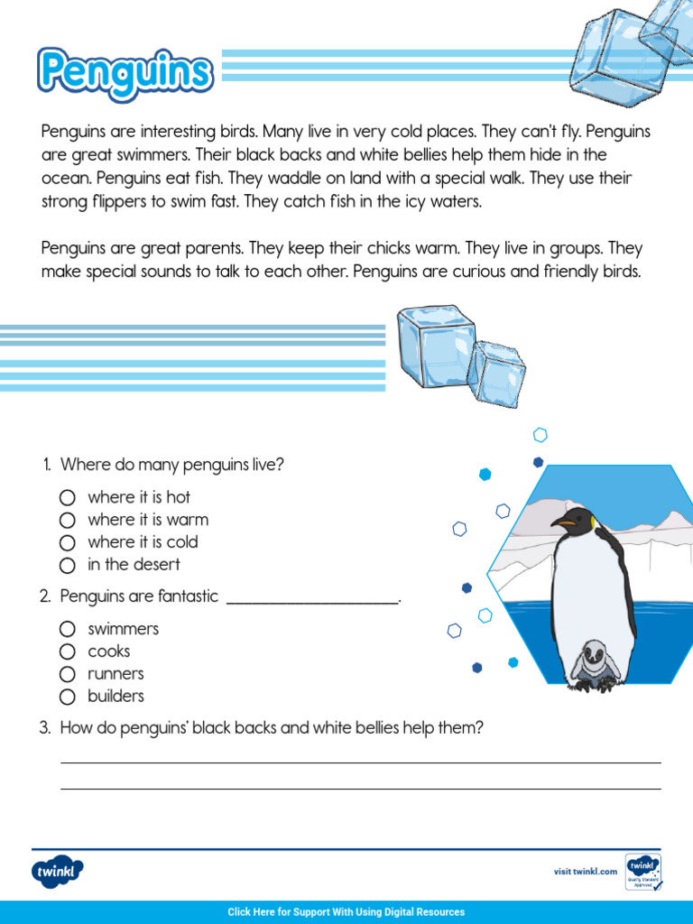 Digital First Grade Penguins Reading Passage Comprehension Activity | PDF
