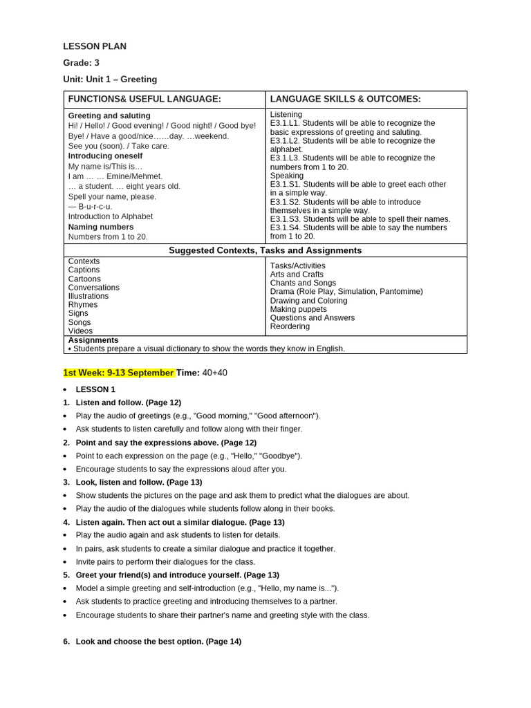 Grade 3-Unit 1-Daily Plan | PDF | Cognition | Applied Linguistics
