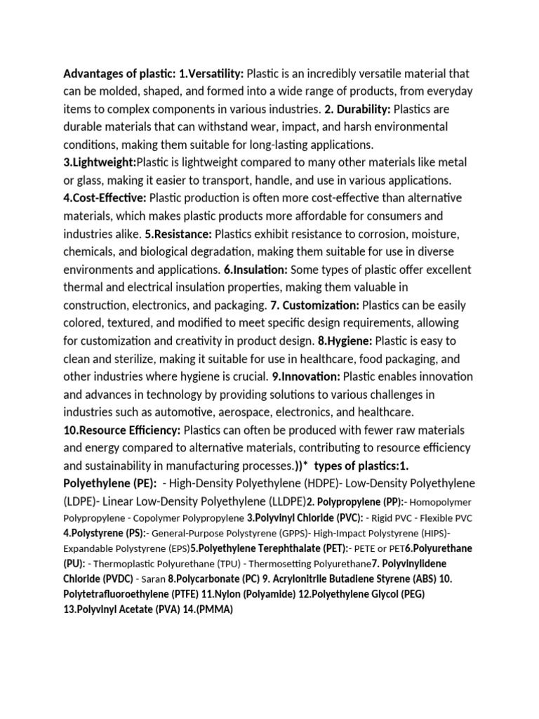 Advantages of plastic and types-WPS Office | PDF | Plastic | Polyethylene