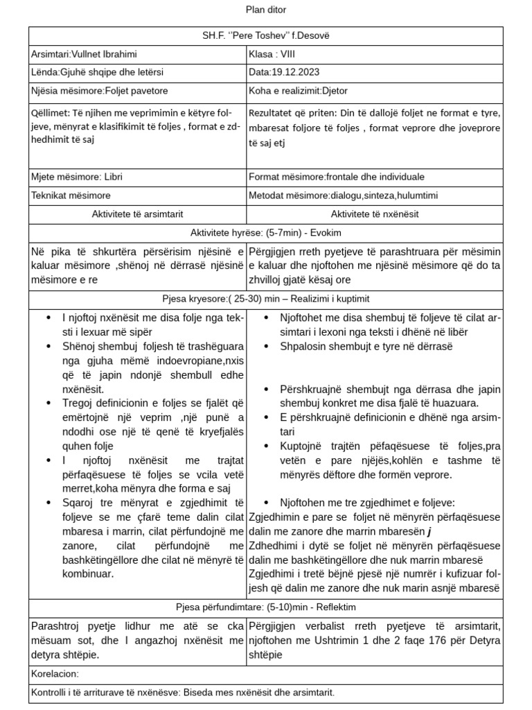 Plan Ditor Foljet Pavetore kl.8 | PDF