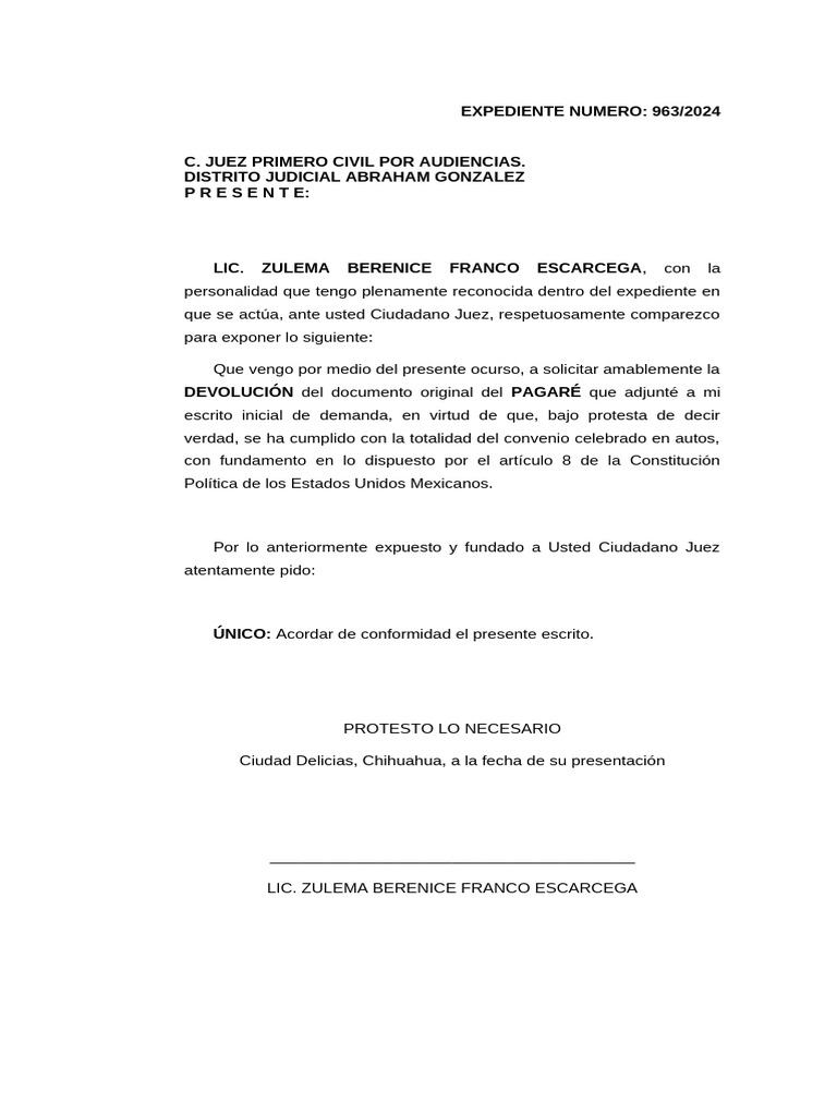 Escrito Solicitud Devolucion Pagare | PDF