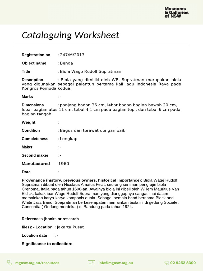 Yunita Lutfiah_Tugas Museologi Cataloguing Worksheet-dikonversi | PDF