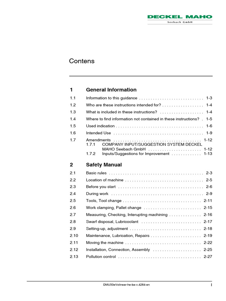 Machine Manual - DMU 50 EV Lin Series 4264 - TNC | PDF | Safety ...