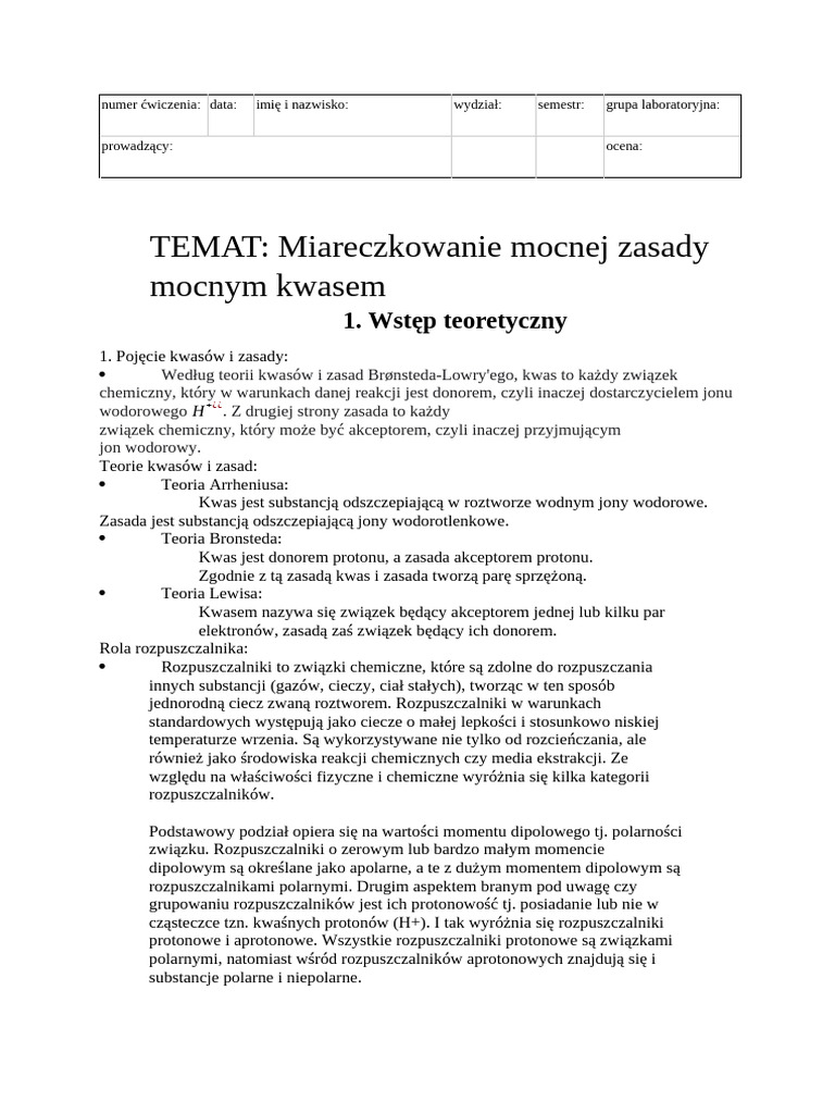Sprawozdanie 1 - Miareczkowanie Układów Kwas-Zasada | PDF