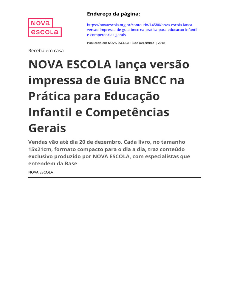 Nova Escola Lanca Versao Impressa de Guia BNCC Na Pratica para Educacao ...