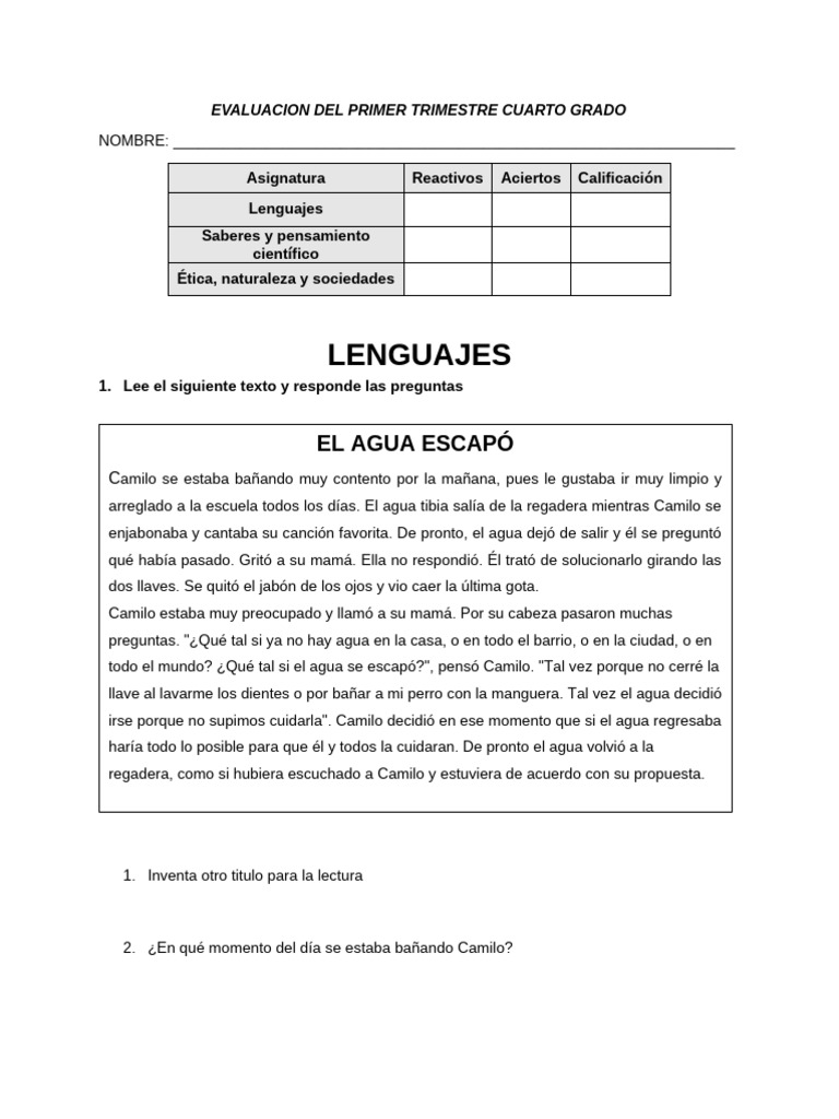 Evaluacion Del Primer Trimestre Cuarto Grado | PDF | Clima | México