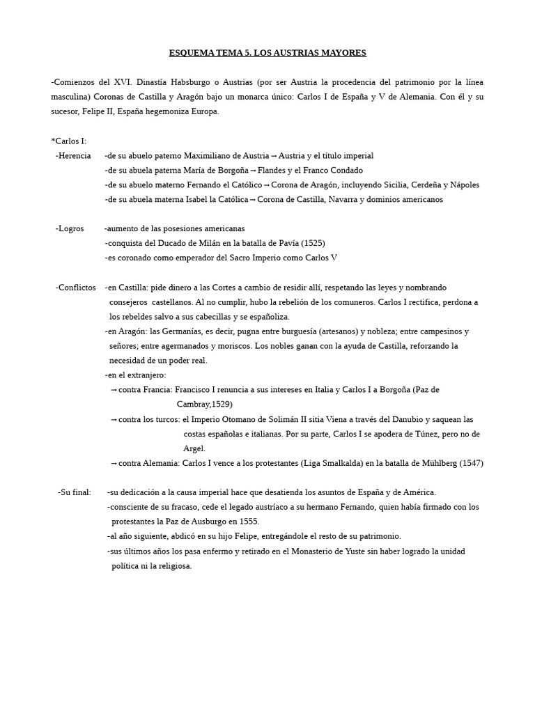 Esquema Tema 5: Los Austrias Mayores | PDF | Imperio español | Casa de los Habsburgo