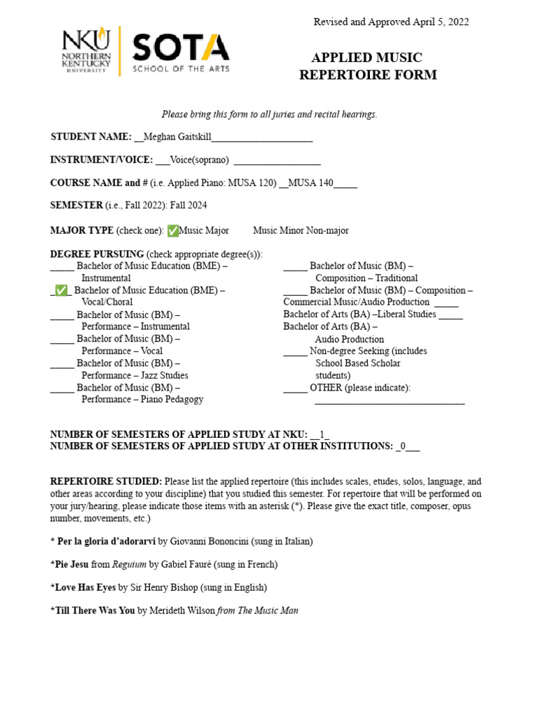 Music Major Repertoire Form | PDF | Classical Music | Performing Arts