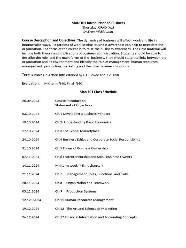 MAN 101: Intro to Business Syllabus | PDF
