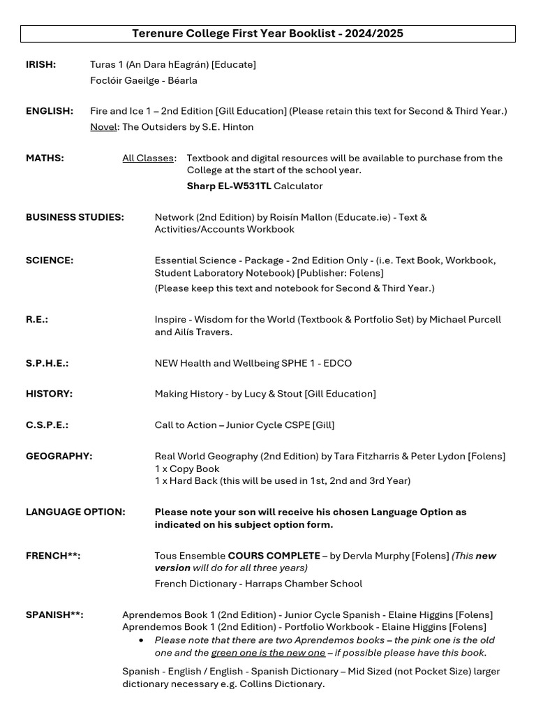 Book Lists 2024 2025 1st Year Only (6) | PDF