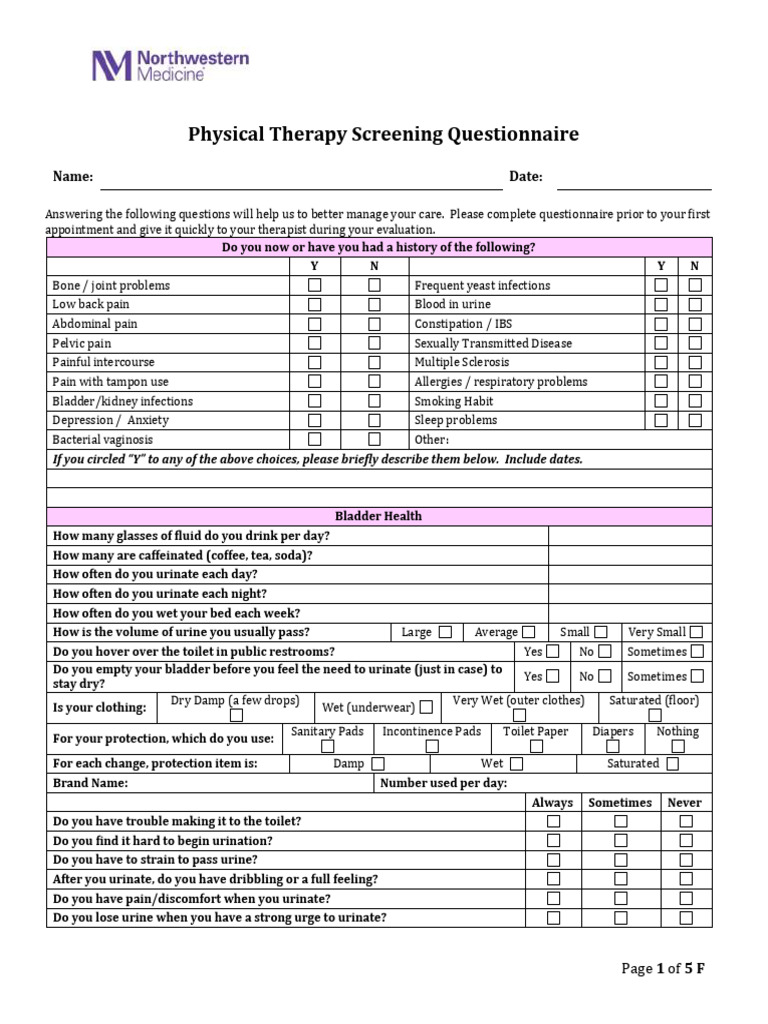 Physical Therapy Screening Questionnaire | PDF | Urinary Incontinence ...