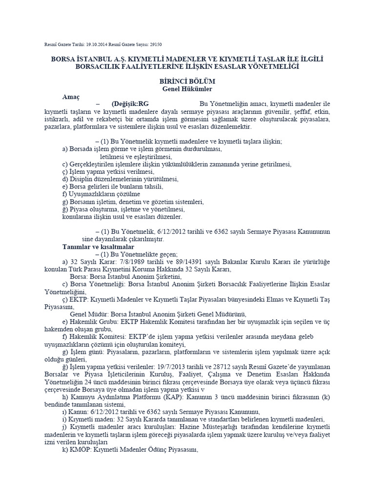 Kiymetli Madenler Ve Kiymetli Taslar Ile Ilgili Borsacilik Faaliyetlerine Iliskin Esaslar ...