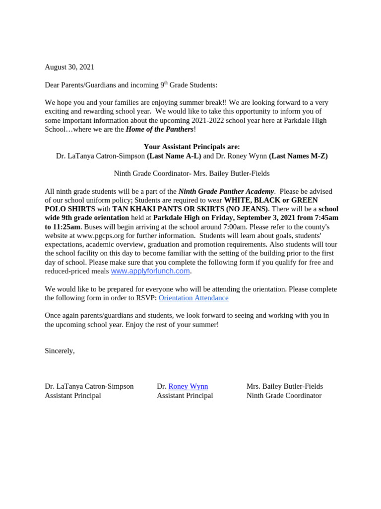 9th Grade Letter 21-22 (Letter) | PDF