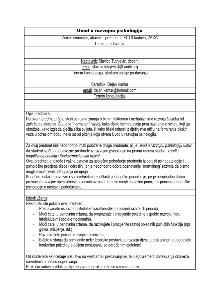Silabus Uvod U Razvojnu Psihologiju | PDF