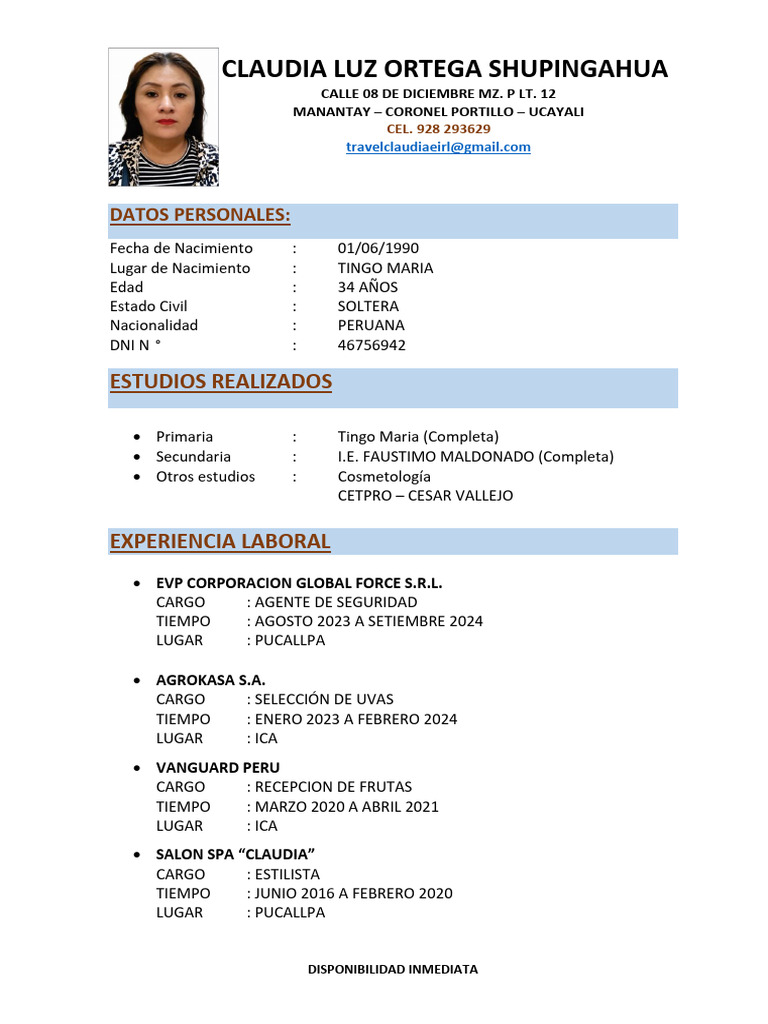 CV Claudia Luz Ortega Shupingahua | PDF