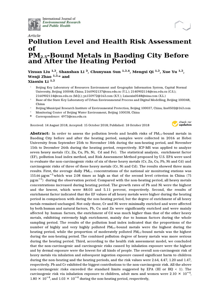 Pollution Level and Health Risk Assessment of PM25 | PDF | Chromium | Toxic Heavy Metal