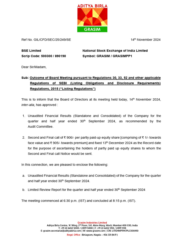 Grasim Q2fy25 Financial Results | PDF | Expense | Inventory