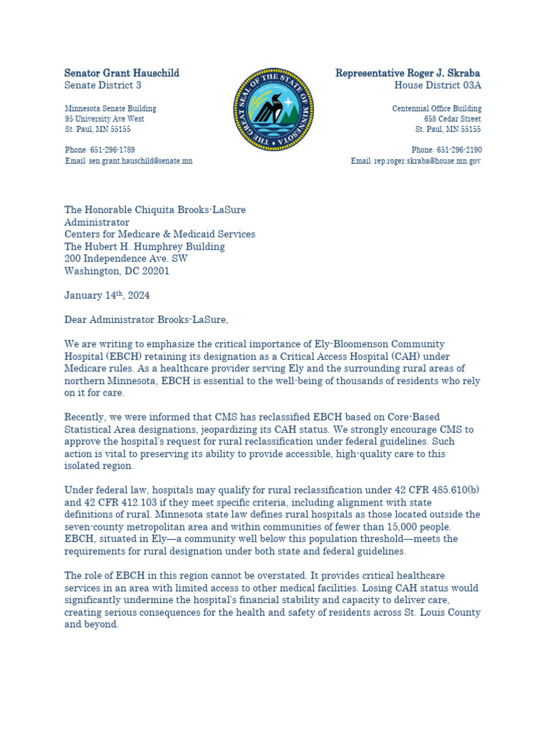 Hauschild and Skraba Letter On Critical Access Hospital Designation ...