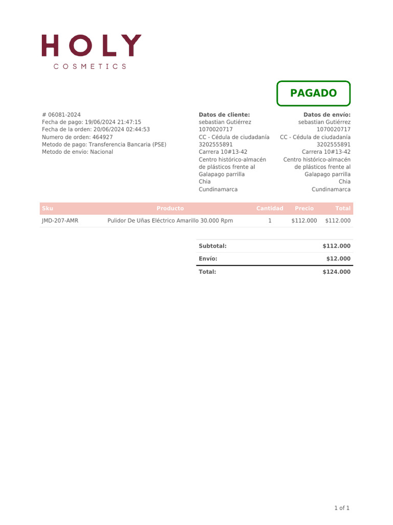 Pagado: Sku Producto Cantidad Precio Total | PDF
