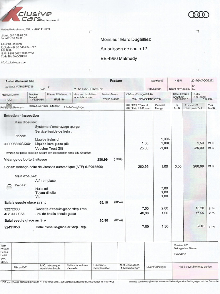 Facture 2 Feuille 2 Exclusive Cars Officiel Audi Entretien | PDF