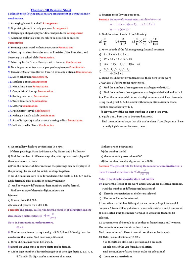 Chapter - 10 Revision Sheet | PDF | Permutation | Combinatorics