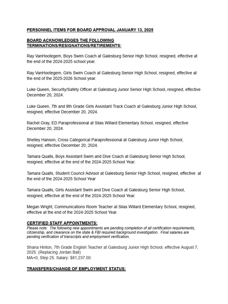 January 2025 Personnel Agenda | PDF | Middle Schools | High Schools And ...
