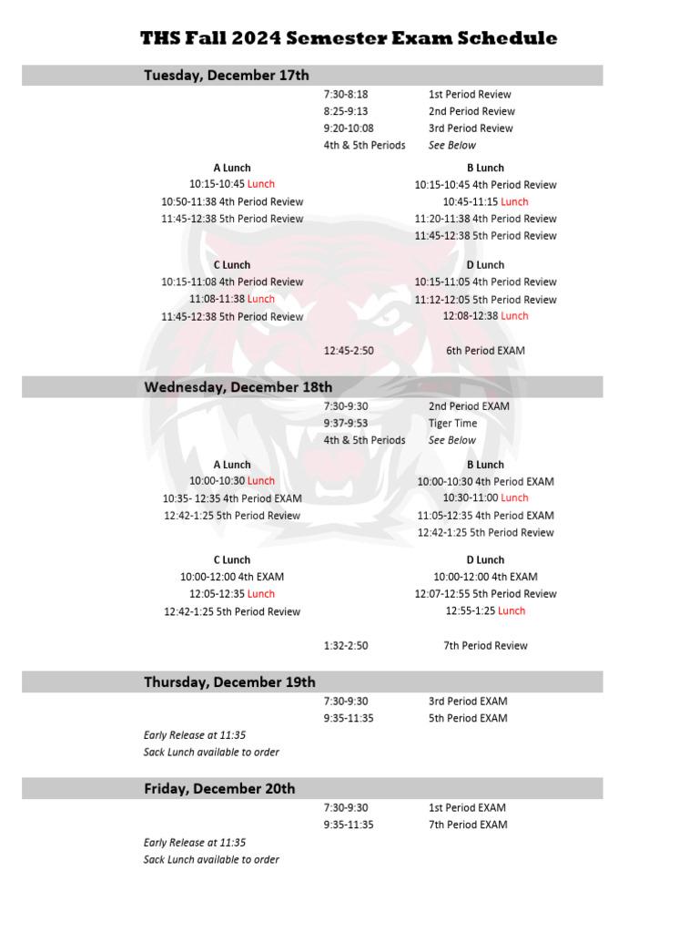 Fall 2024 Exam Schedule THS | PDF