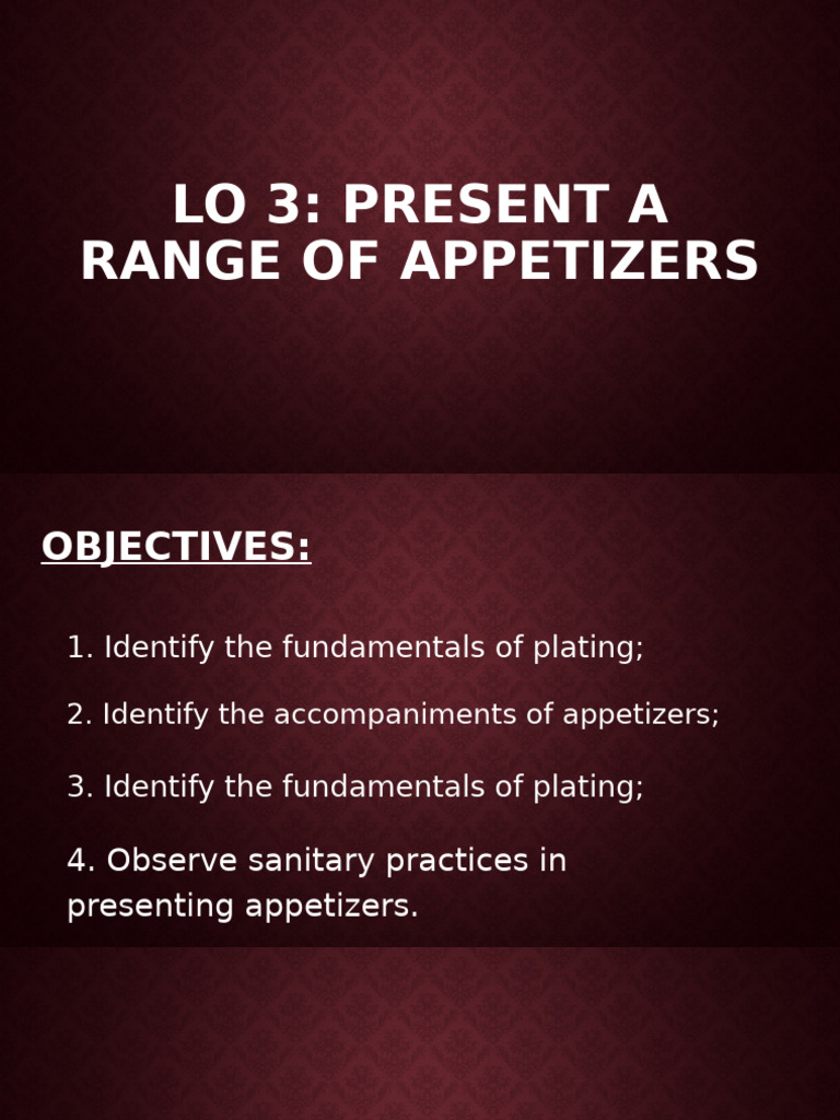 LO 3 PRESENT A RANGE OF APPETIZERS | PDF | Refrigeration | Hors D'oeuvre